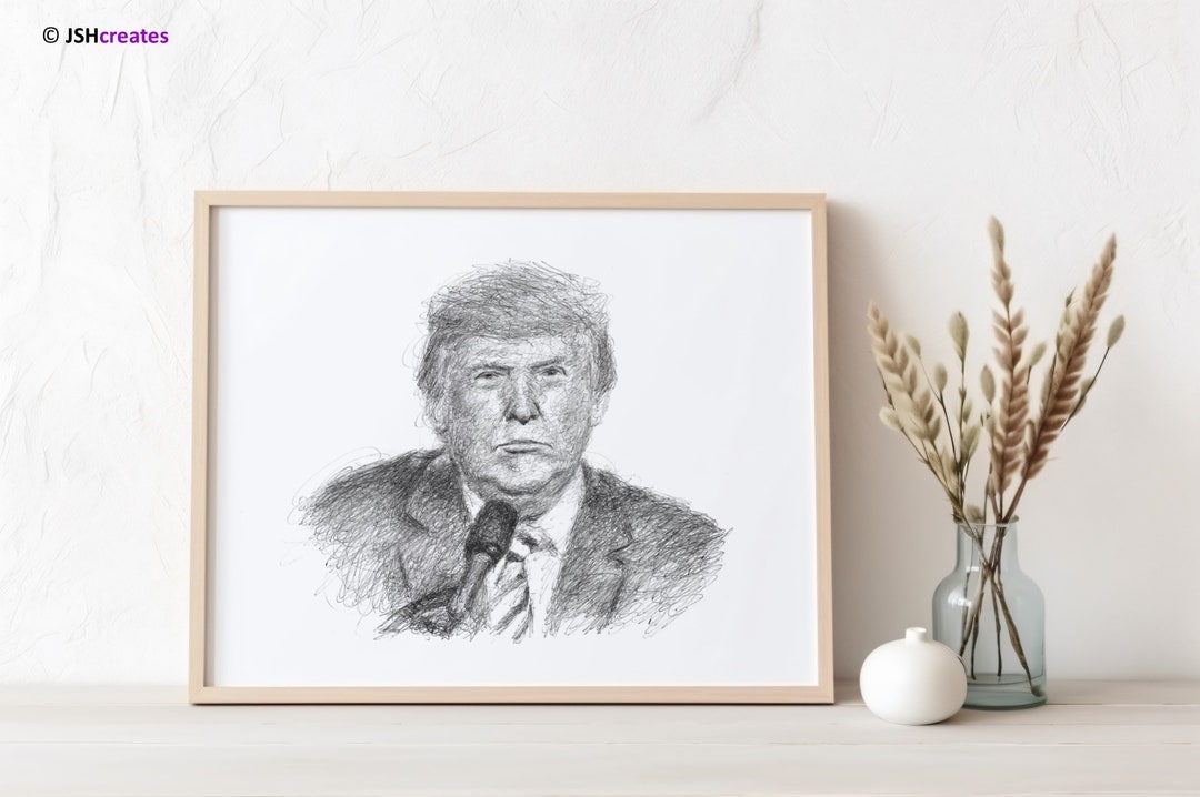 Trump Print, Trump Wall Art, Trump Drawing, Trump Sketch, Black White ...