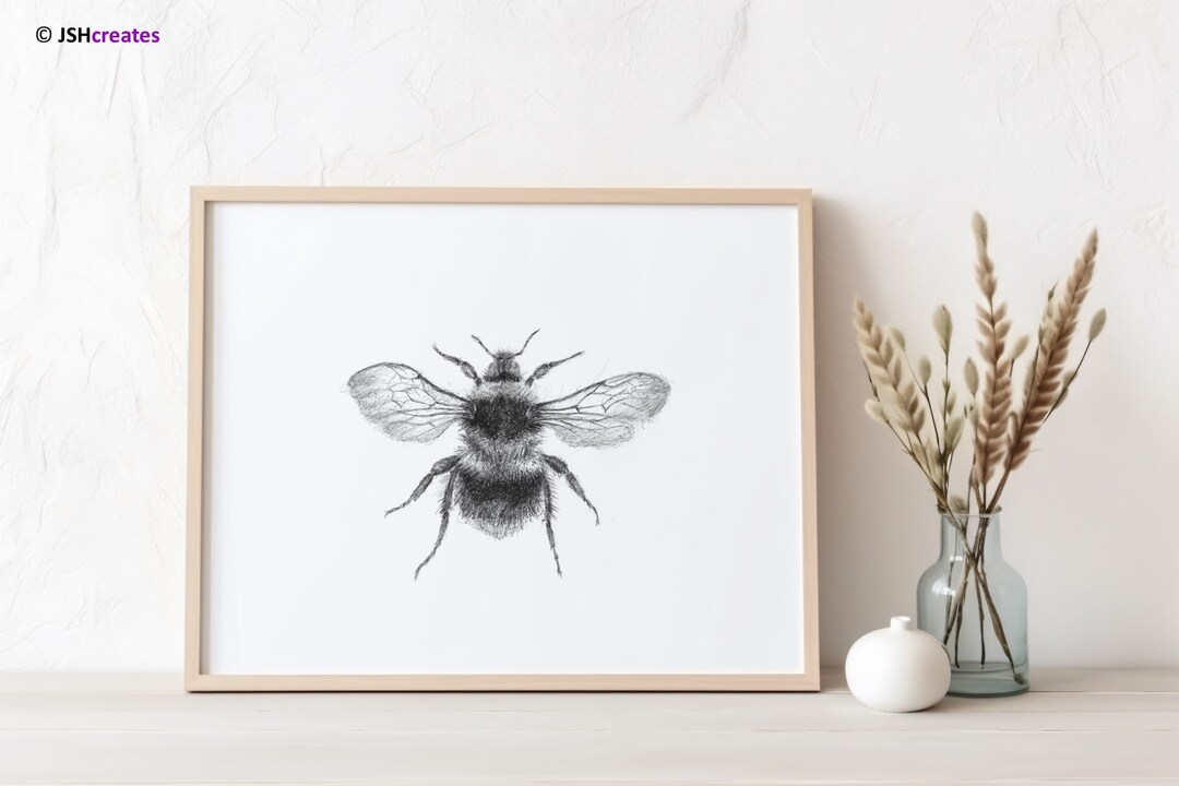 Bee Print, Bee Wall Art, Bee Drawing, Bee Sketch, Black White Insect ...