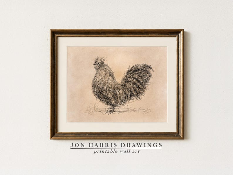 Vintage Cockerel Drawing Printable Wall Art: Antique Pen and Ink Sketch ...