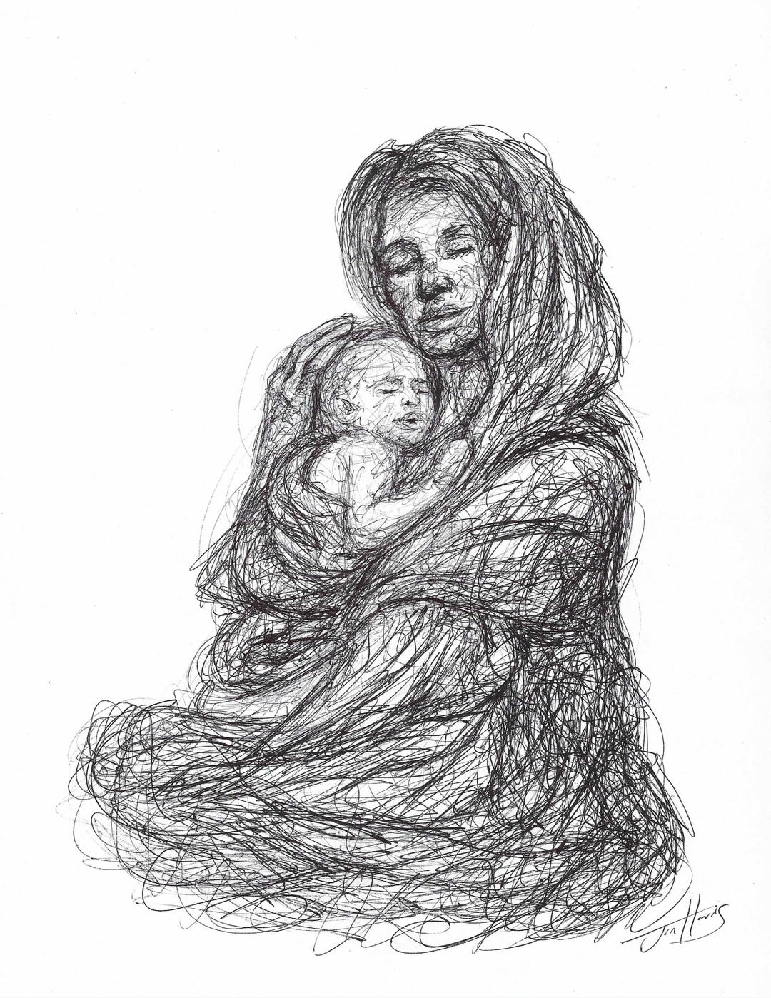 Original Motherhood Pen Drawing: Vintage Figure Sketch, Unframed Art (8 ...