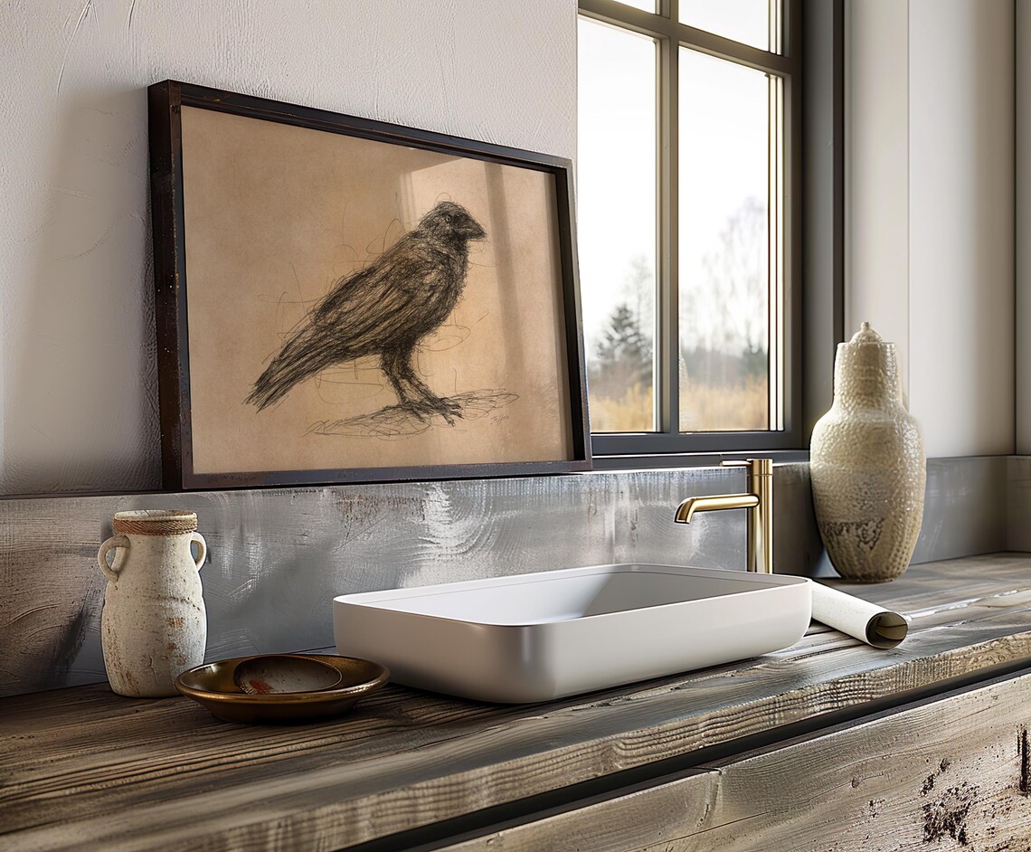 Vintage Crow Print: Antique Drawing Sketch, Biro Pen Artwork, (digital ...