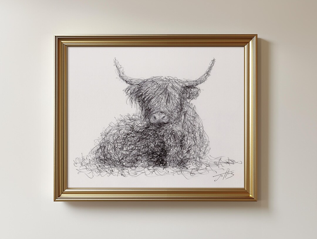 Original Highland Cow Pen Drawing: Animal Art, Unframed (8.5x11 Inches ...