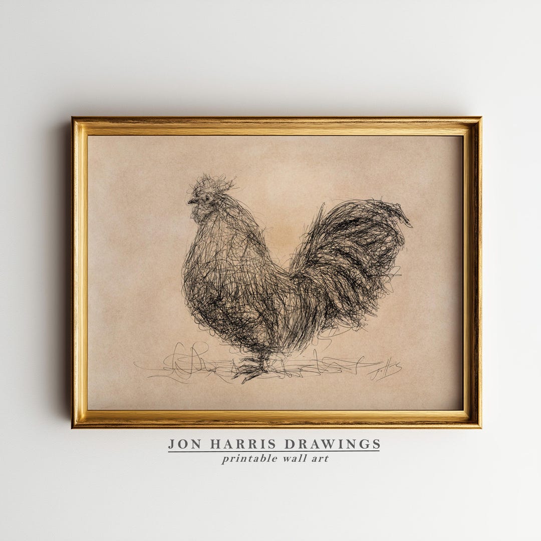 Vintage Cockerel Drawing Printable Wall Art: Antique Pen and Ink Sketch ...