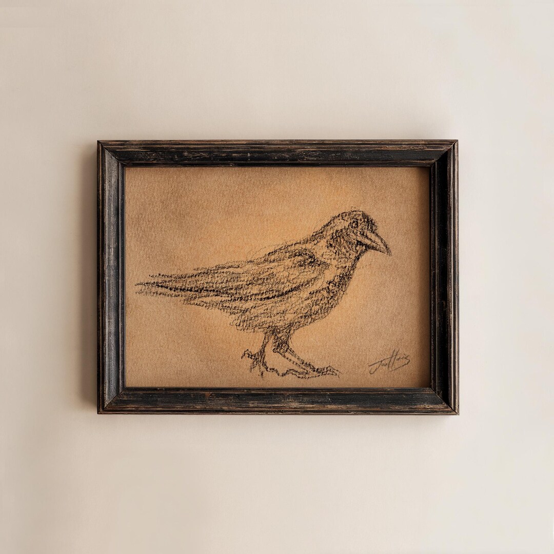 Original Crow Art: Vintage Crow Drawing Sketch, Minimal Bird Art ...