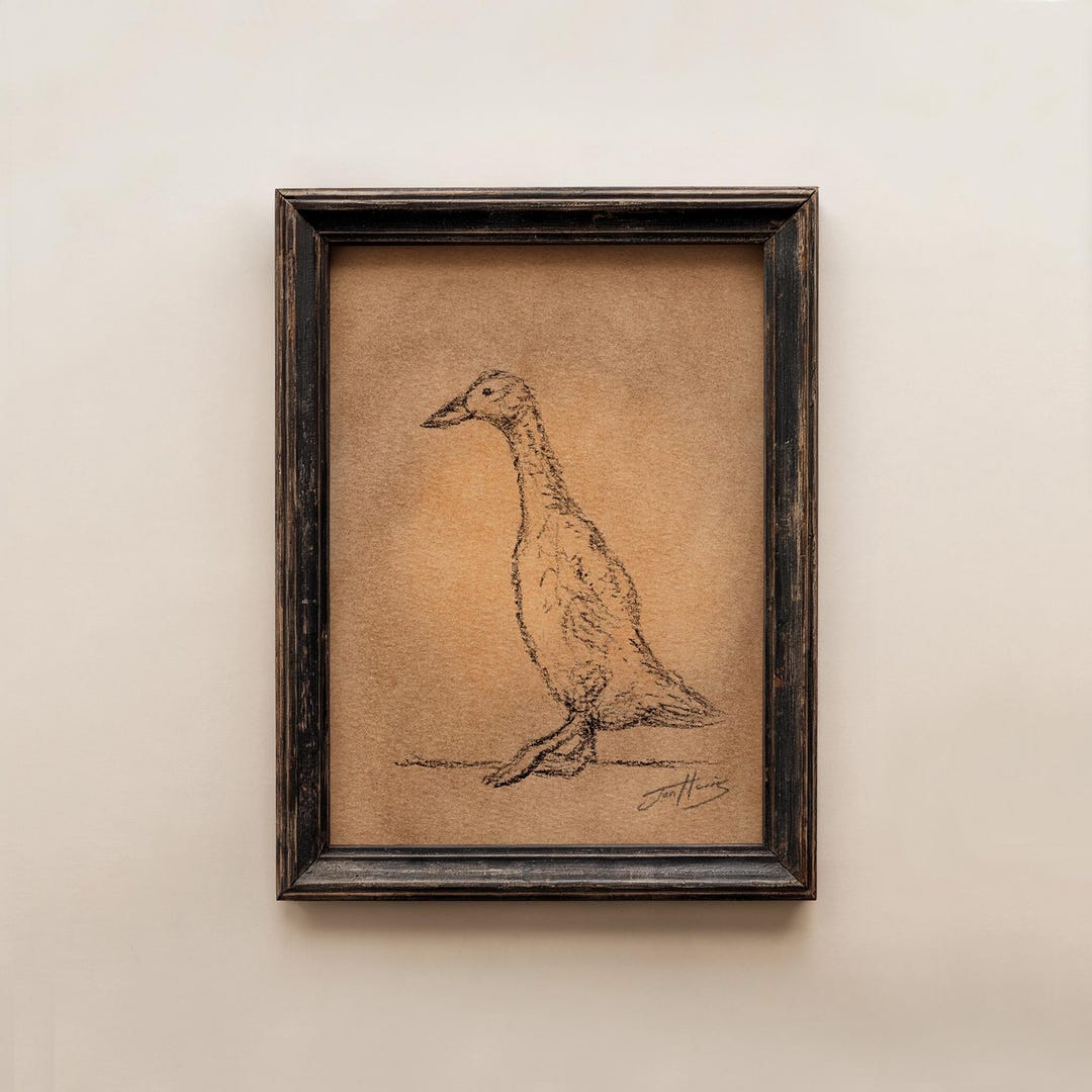 Original Duck Drawing Sketch: Vintage Minimal Outline Art, Charcoal ...