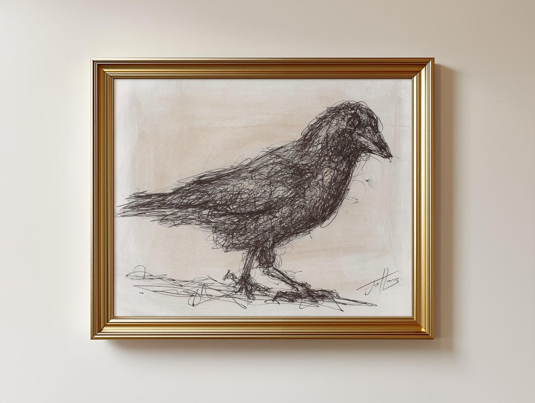 Original Crow Pen & Pastel Drawing: American Crow Animal Art (8.5x11 ...