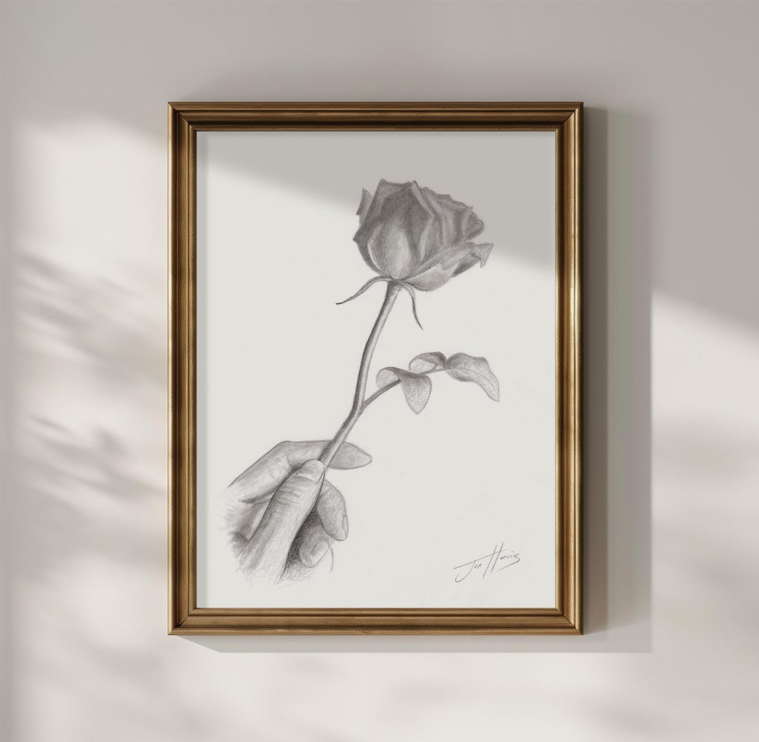 Original Rose and Stem Pencil Drawing: Rose Sketch Art, 8.5x11 ...