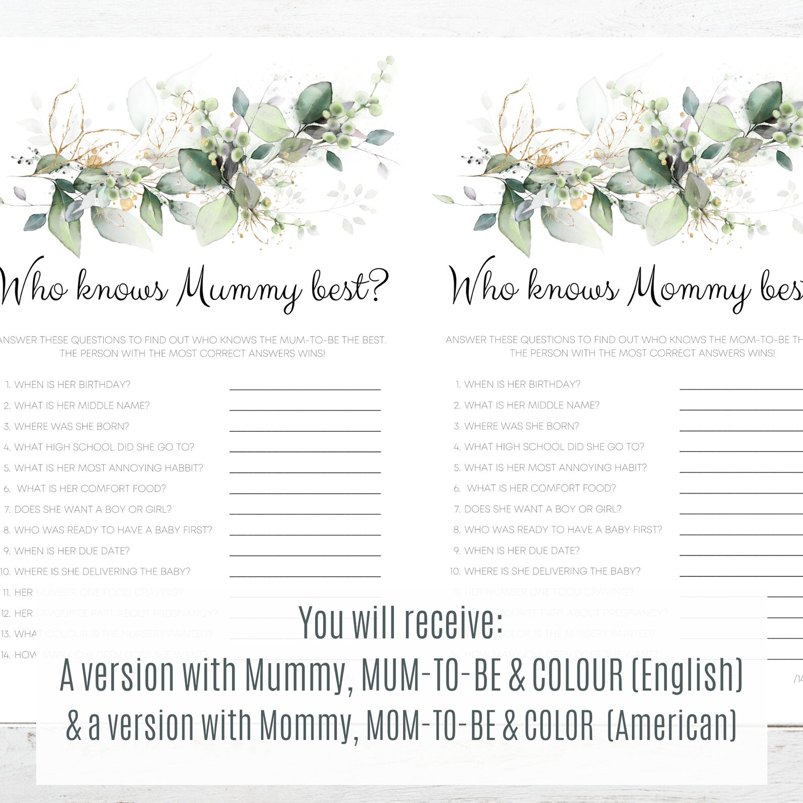 ALISON - Who Knows Mummy Best Game | Instant Download | Quiz | Greenery ...
