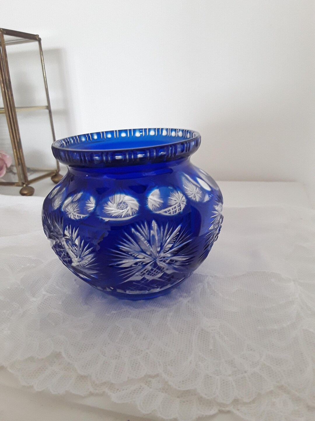 Antique Blue Lead Crystal Vase, Hand-cut, Centrifugal Star, Faceted Cut ...