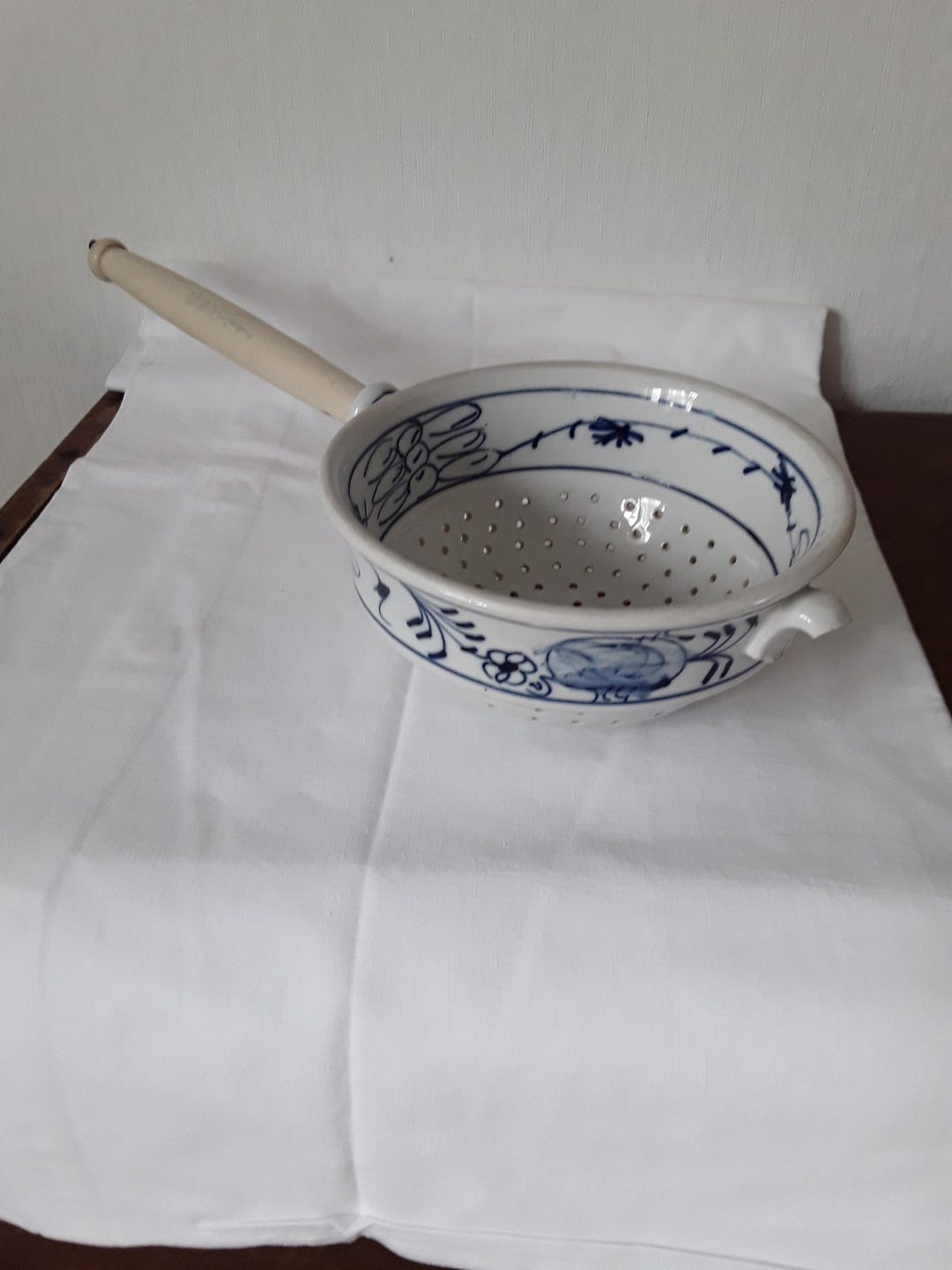 Antique Large Porcelain Sieve Ladle With Wooden Handle Onion Pattern ...