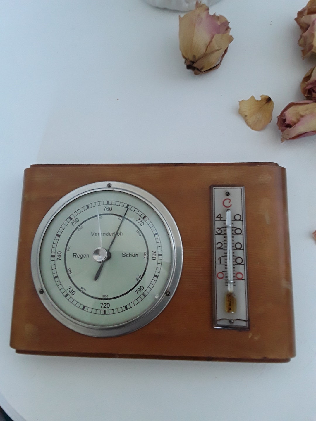 Old Weather Station Made of Wood & Brass Barometer With Thermometer ...