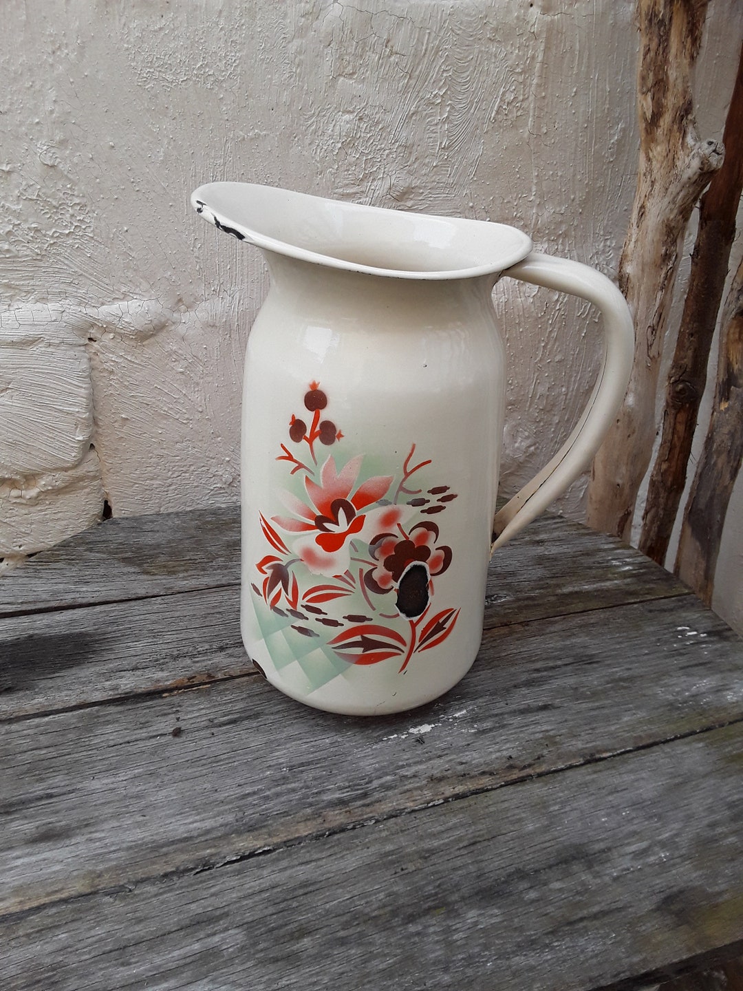 Old Enamel Jug Water Jug Toilet Jug With Flower Spray Decoration ...