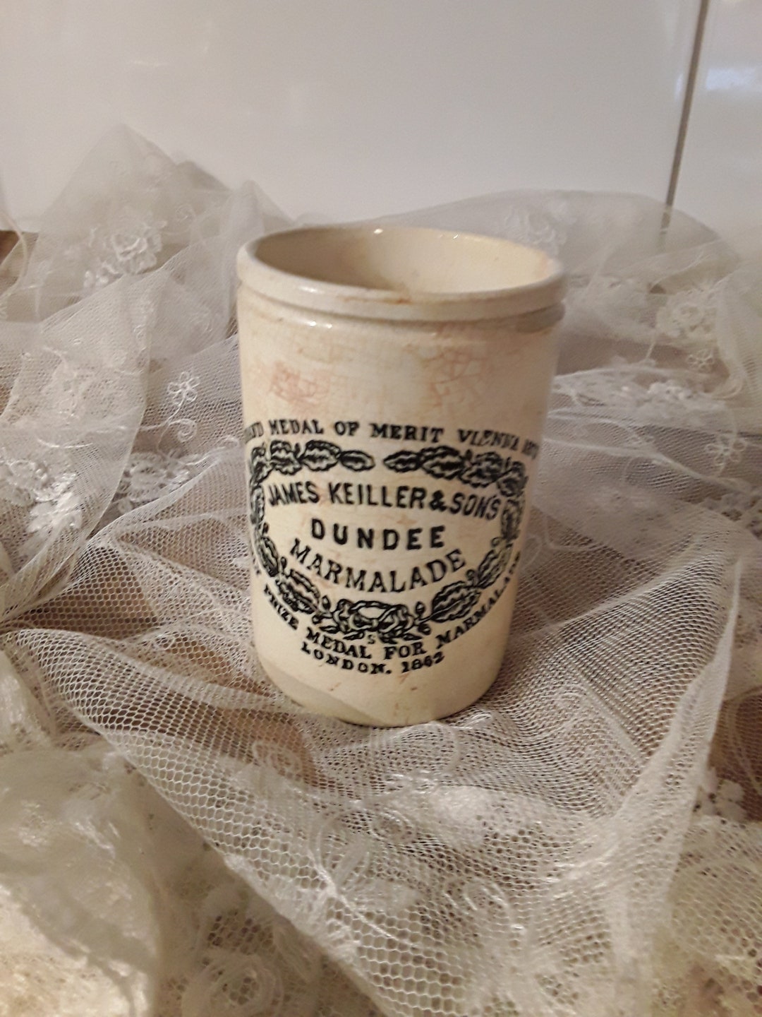 Antique DUNDEE Jam Pot Advertising Pot Ironstone Pot Tea Stained James ...