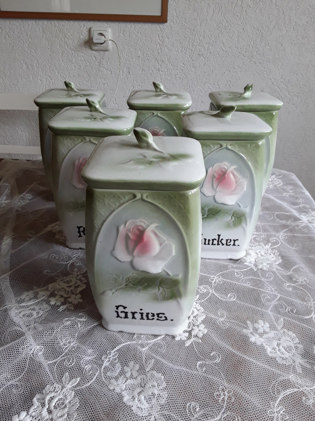Antique Storage Box Semolina Box Rose Relief Rose Bud Porcelain Lidded ...