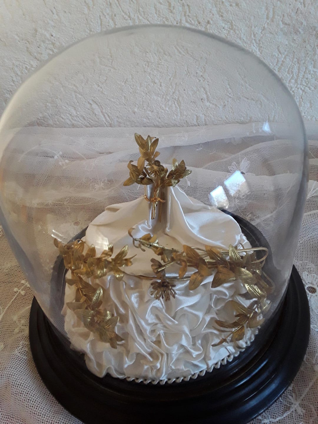 Antique Golden Myrtle Tiara in Glass Dome Bridal Crown & Bouquet on ...
