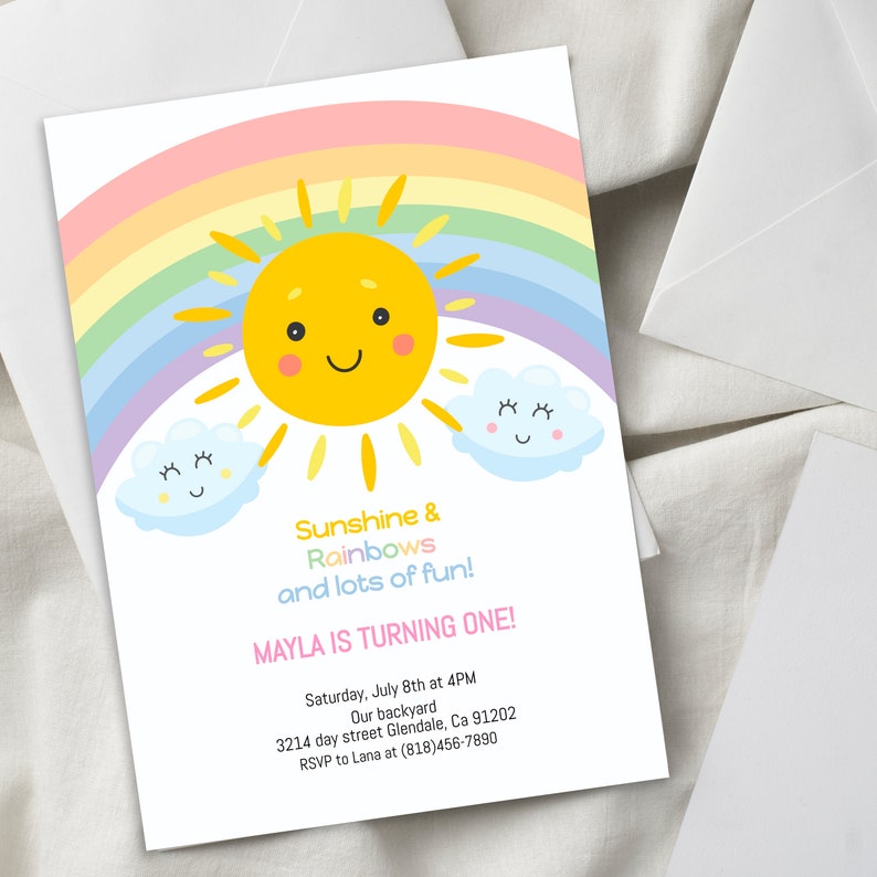 Editable Sunshine and Rainbow Birthday Invitation | 1st Birthday Party ...