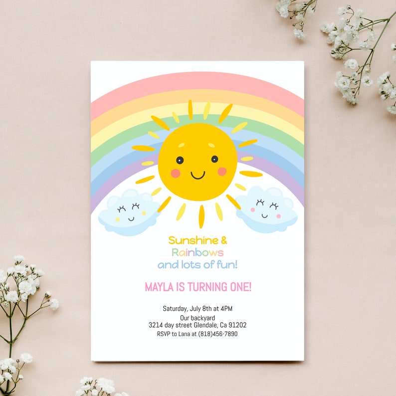 Editable Sunshine and Rainbow Birthday Invitation | 1st Birthday Party ...