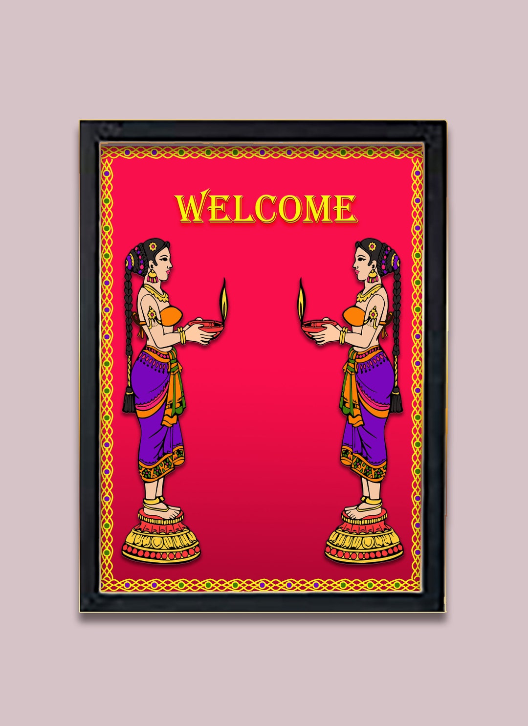 Printable Welcome Lady Wall Art, Diya Holding Lady Welcome Sign for ...