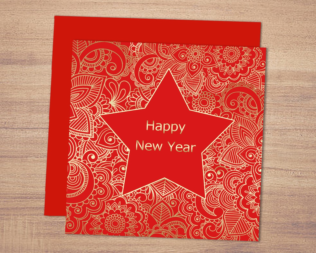 Happy New Year Card, Printable New Year Greetings, Bright Red New Year ...