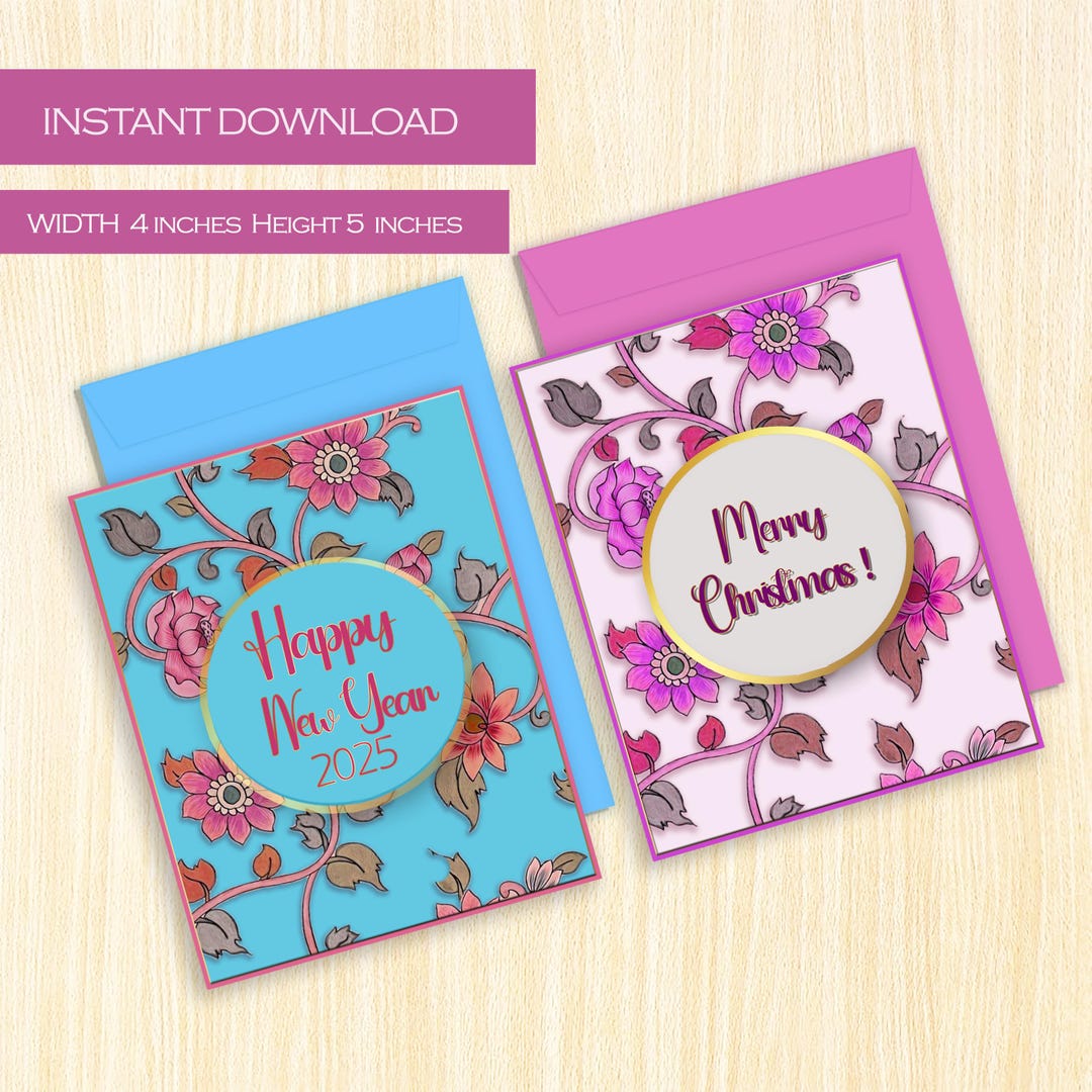 Printable Christmas and New Year Cards, Set of 2 Cards With 2 Envelope ...