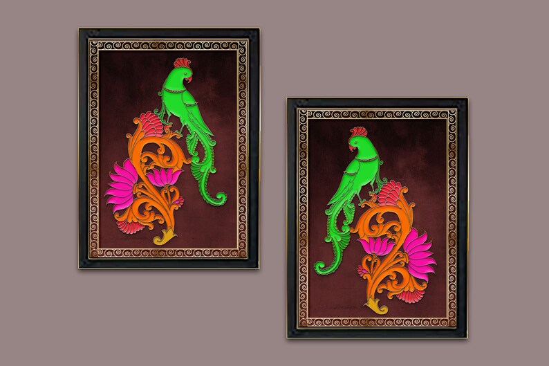 Printable Parrot Kalamkari Wall Art, Set of 2 Kalamkari Parrot Floral ...