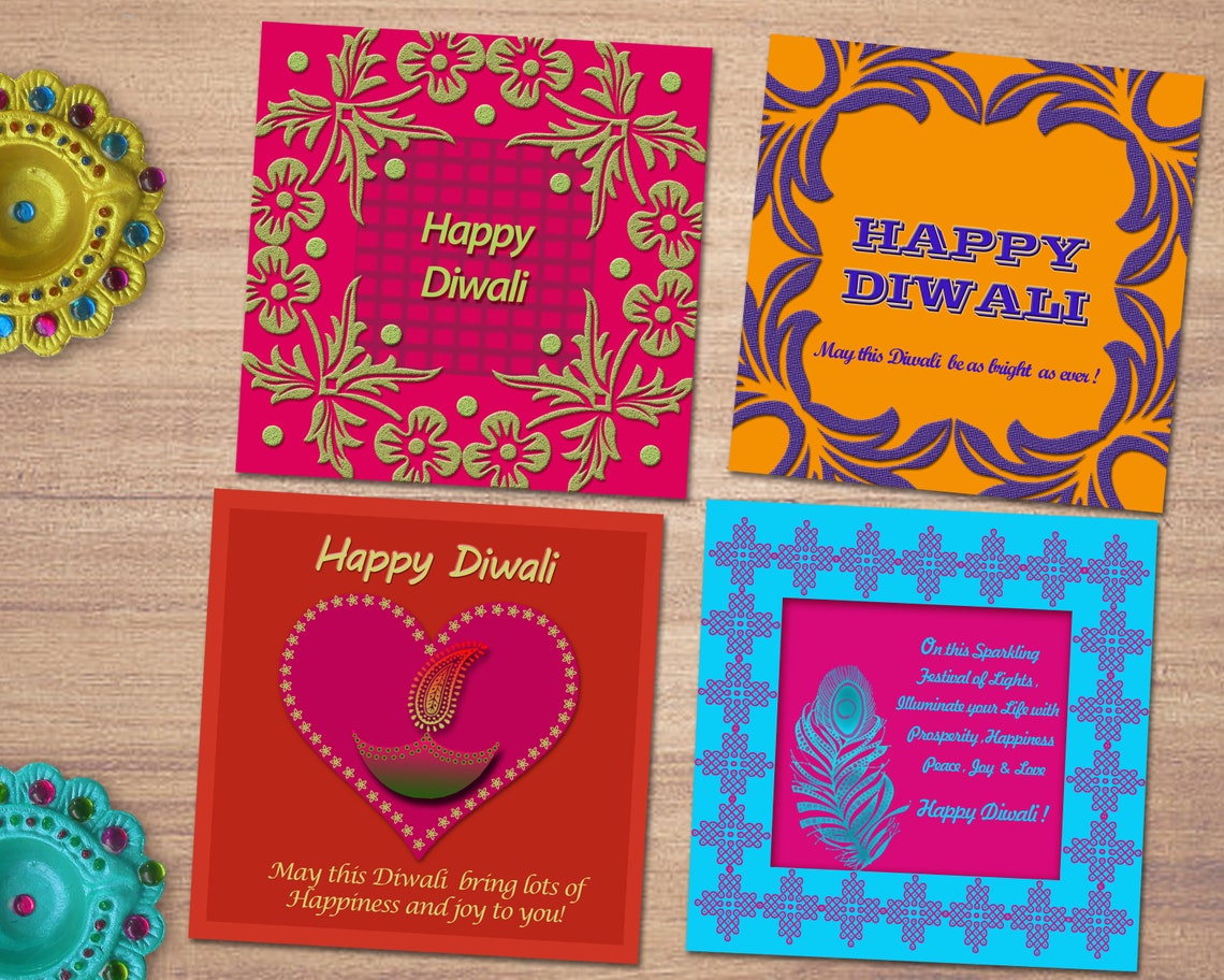 Happy Diwali Greeting Cards,set of 4 Printable Greetings, Bright Wishes ...