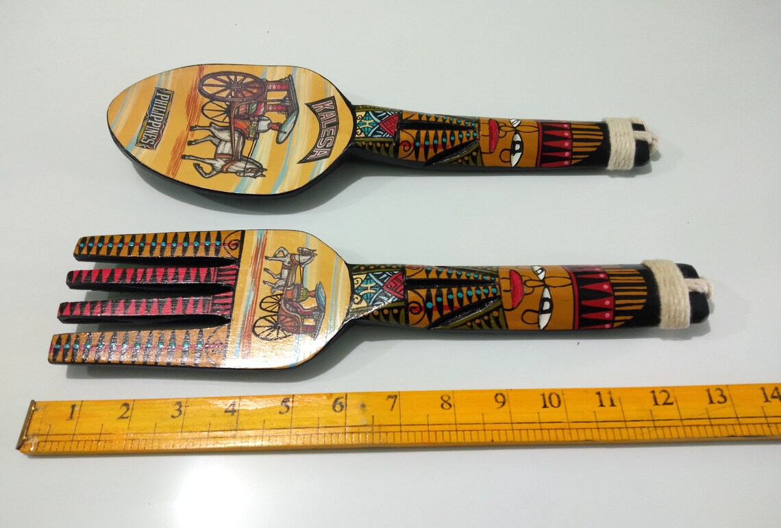 Wooden Spoon and Fork Made in Philippines Large Hand Painted | Etsy