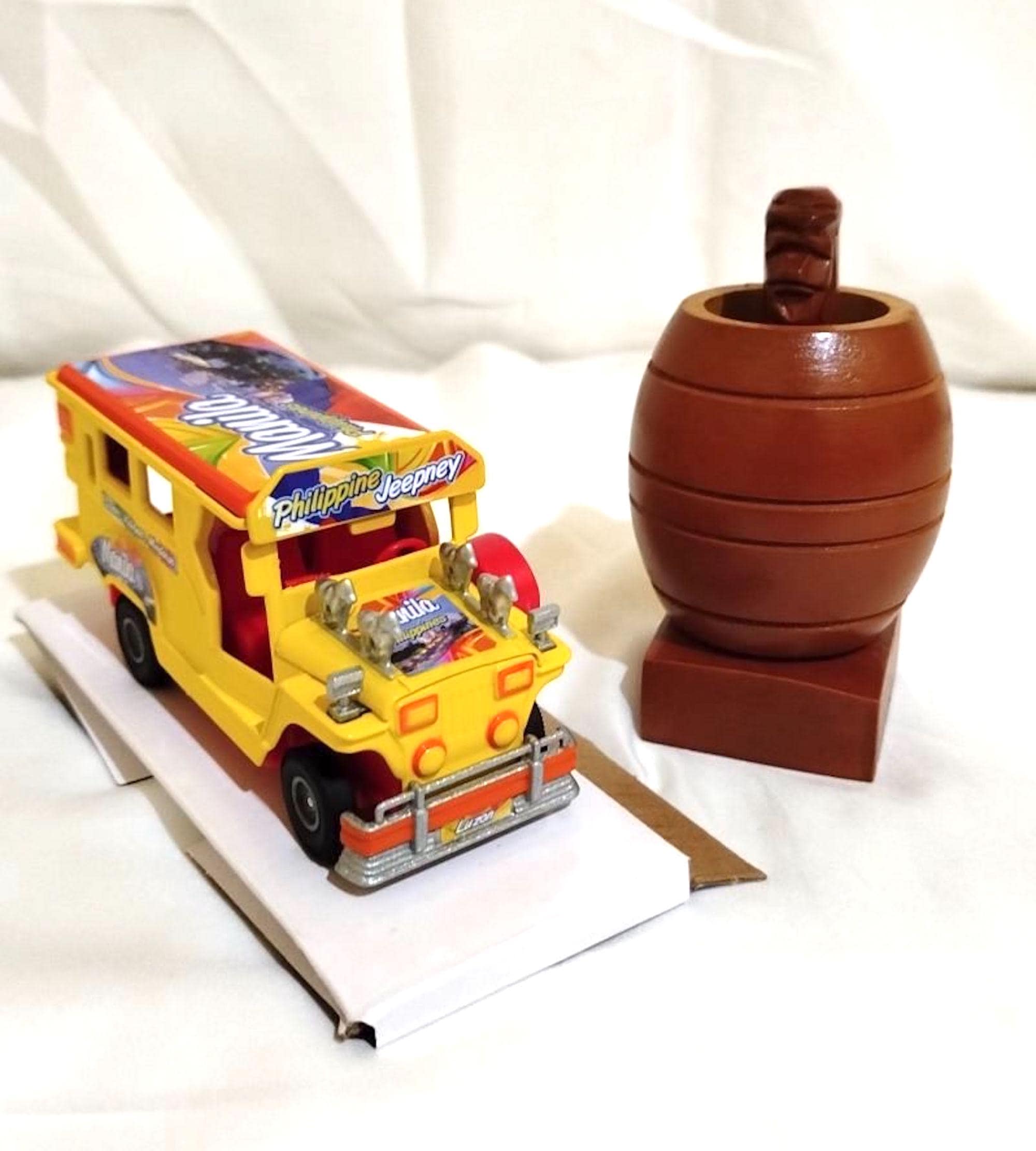 Yellow Medium Size Jeepney Die-cast Metal Toy and Small Barrel Man ...