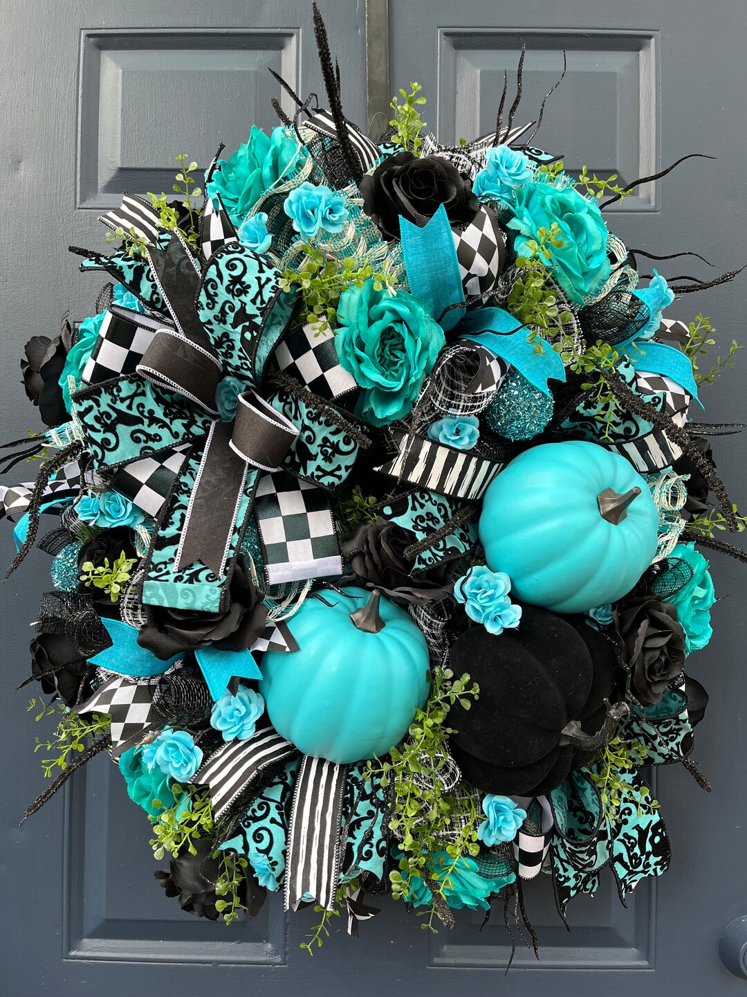 Teal and Black Fall Pumpkin Wreath, XL Teal Roses Halloween Mesh Wreath ...