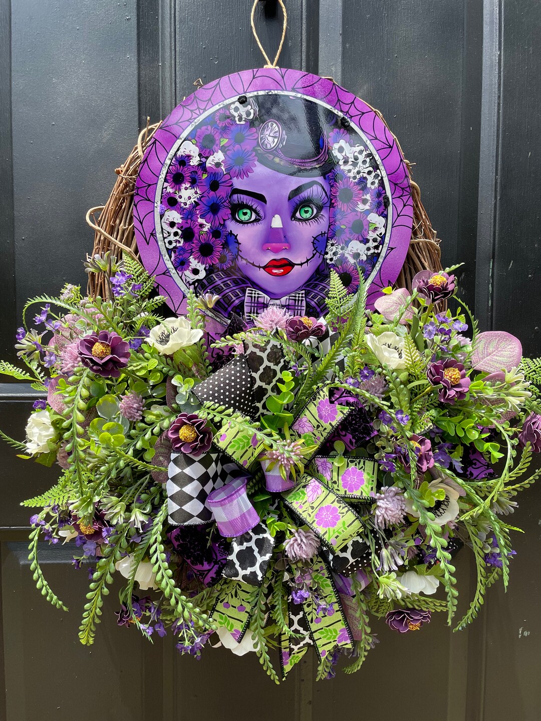 Purple Lady Scarecrow Wreath, Candy Corn Halloween Wreath, Purple Daisy ...