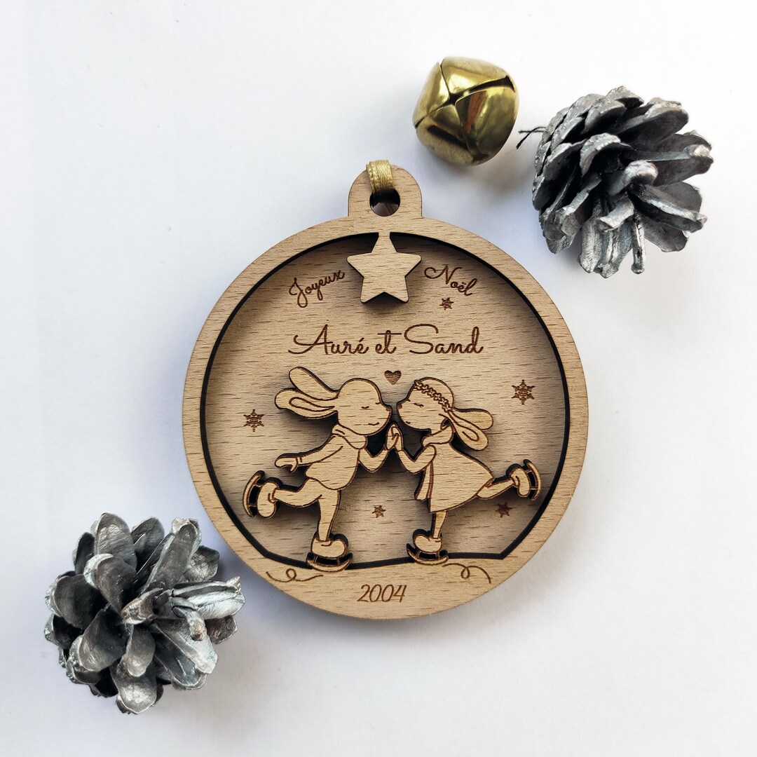 Personalized Christmas Bauble for a Couple or Duo, Wooden Rabbit - My ...