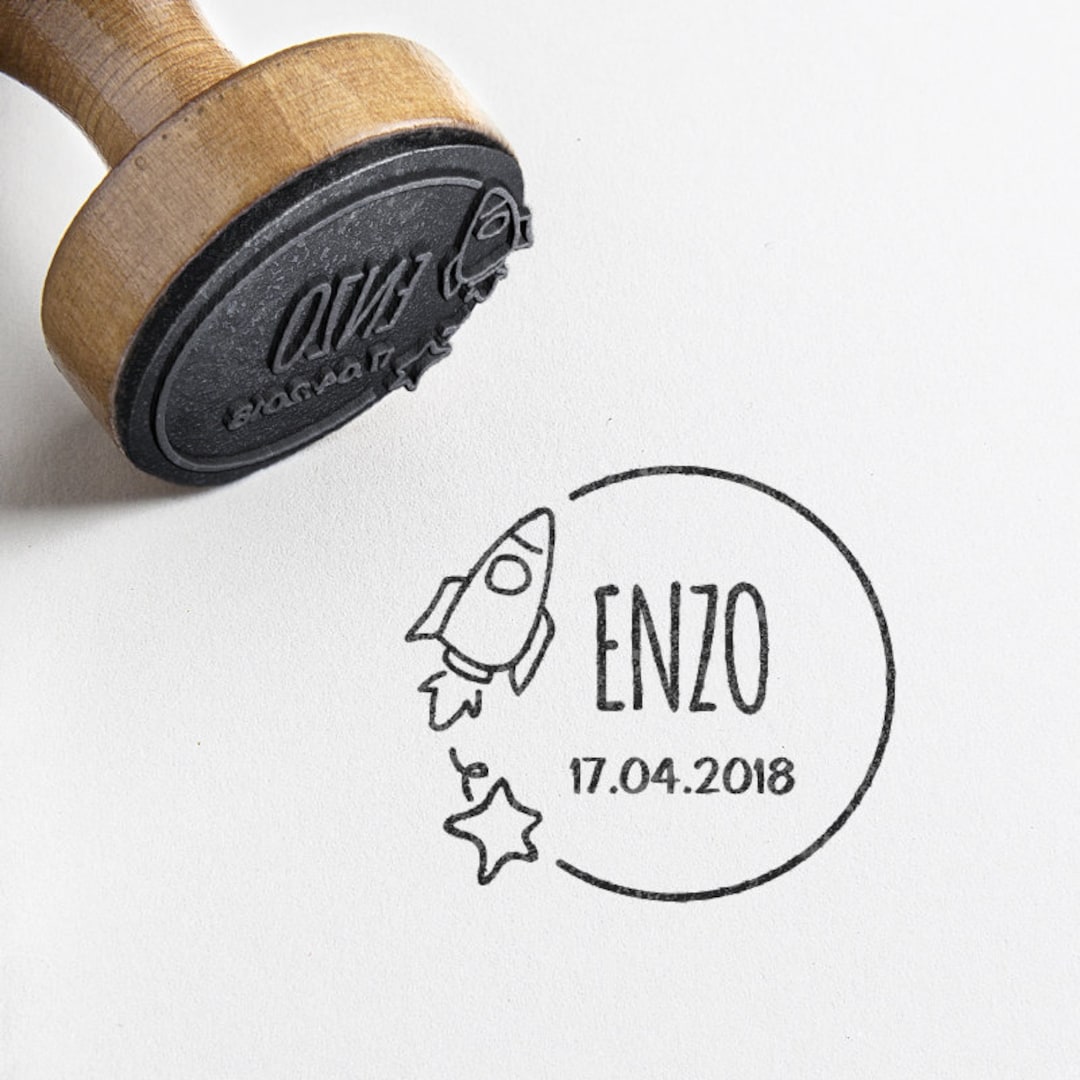 Round Personalized Birth or Baptism Stamp Astro Rocket - Etsy