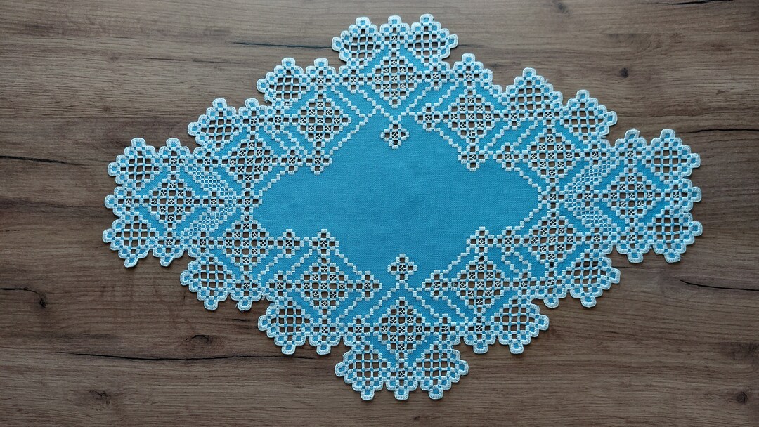 Vintage Hardanger Embroidered Light Blue White Colors Table Mat ...