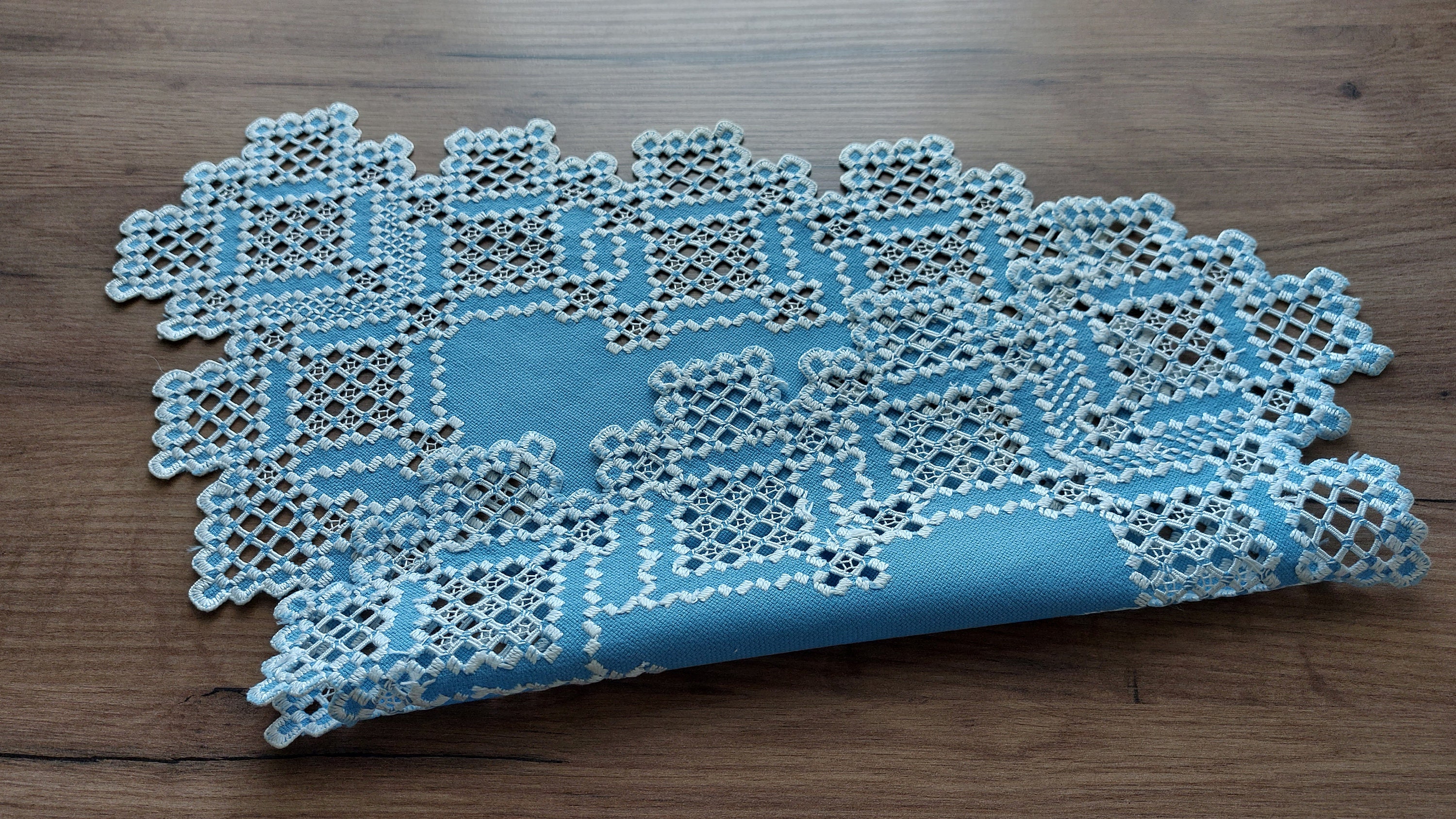 Vintage Hardanger Embroidered Light Blue White Colors Table Mat ...