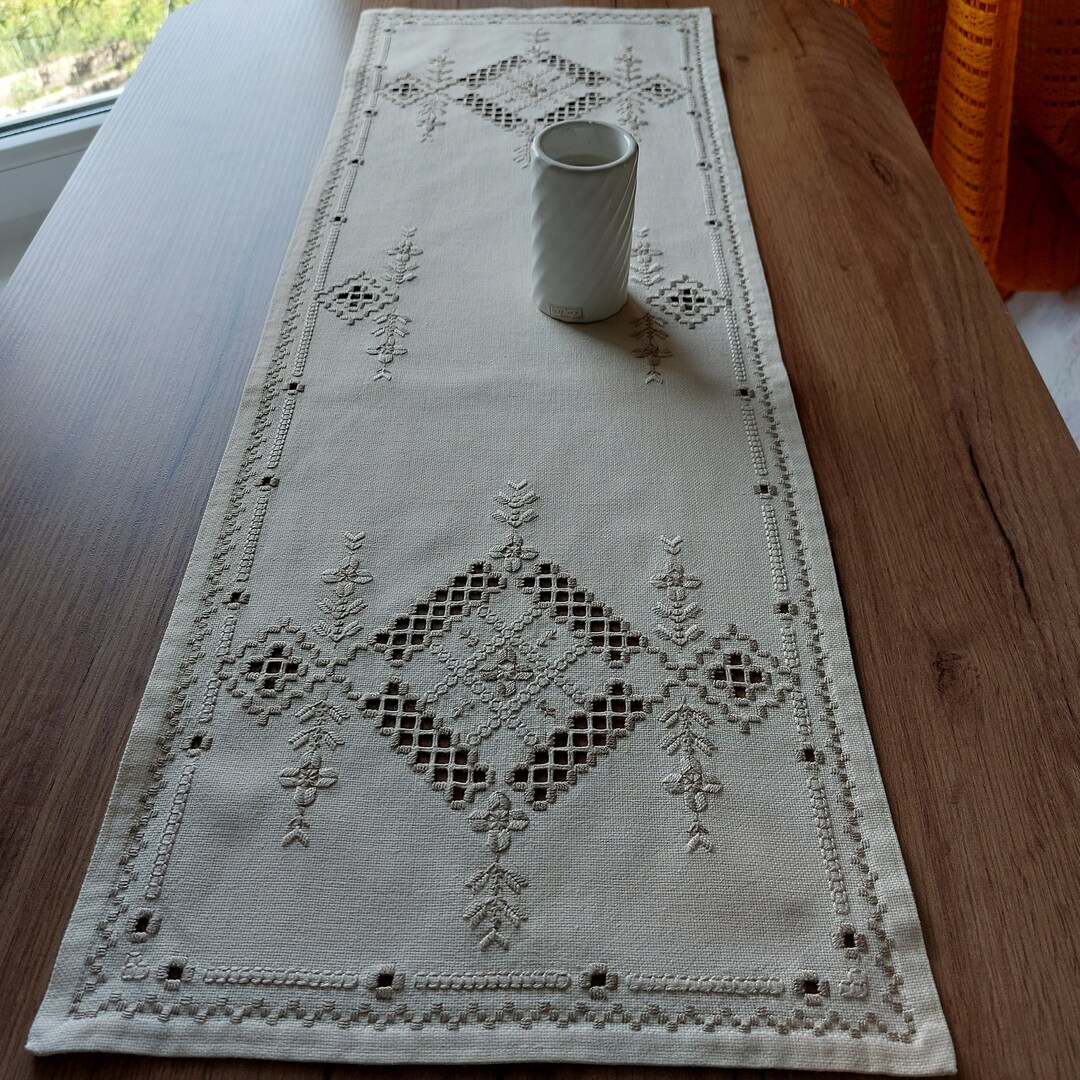 Vintage Hardanger Embroidered Cotton Table Topper, Scandinavian ...