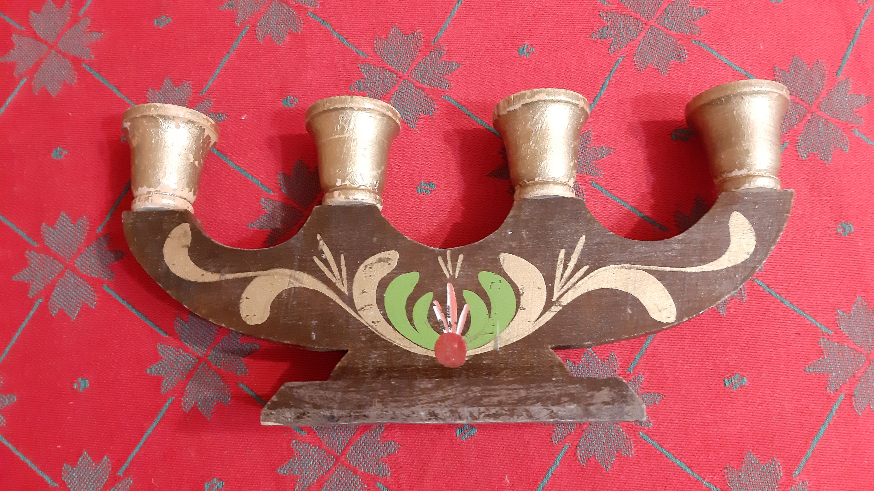 Vintage Rustic Wood Floral Hand Painted Rustic Golden Brown Candlestick ...