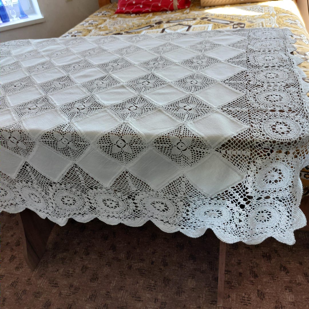 Antique Handmade Scandinavian Square Tablecloth, Retro White Lace ...