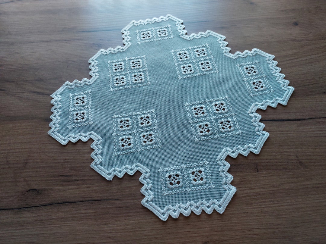 Vintage Hardanger Embroidered Light Blue White Colors Hardened Table ...