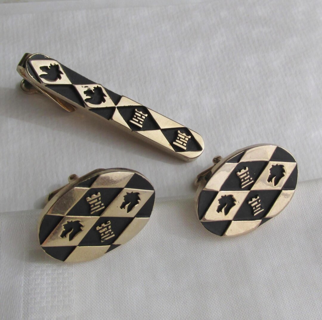 Vintage Swank Chess Game Cufflinks Tie Clip, Gold Tone Black Matte ...