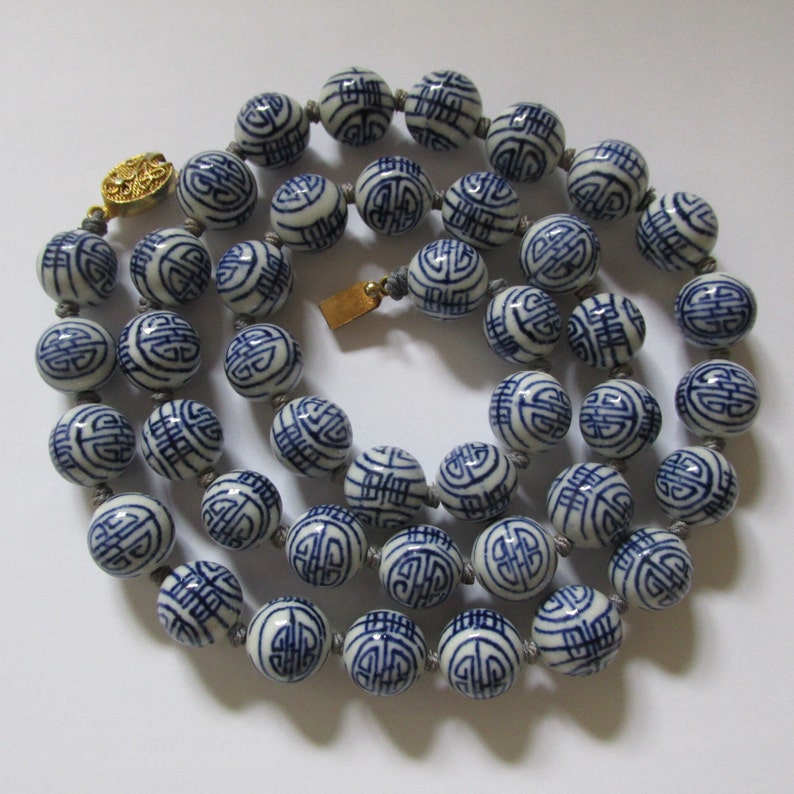 Vintage Chinese Export Porcelain Necklace, Blue & White Longevity Shòu ...