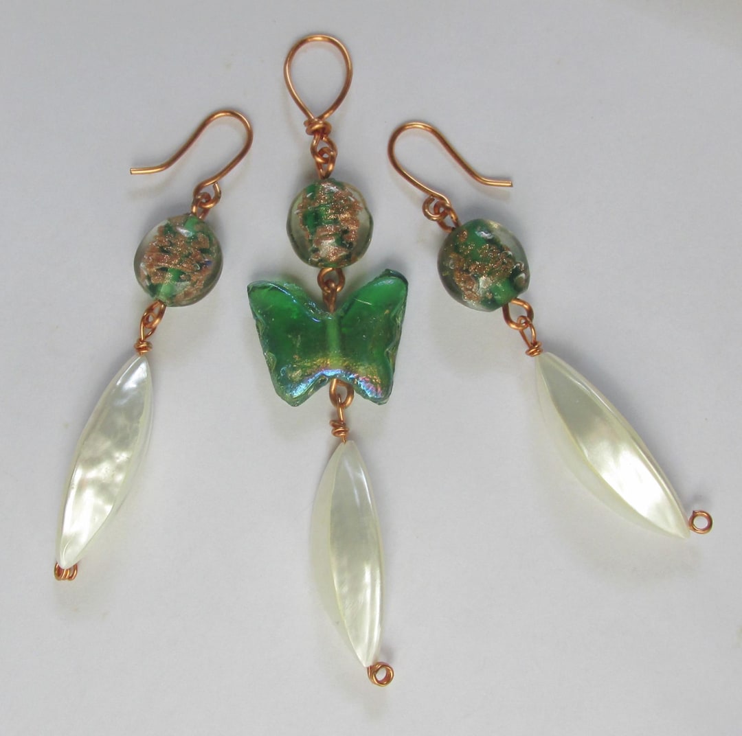 Green Butterfly Art Glass Trochus Shell Mother of Pearl Earrings ...