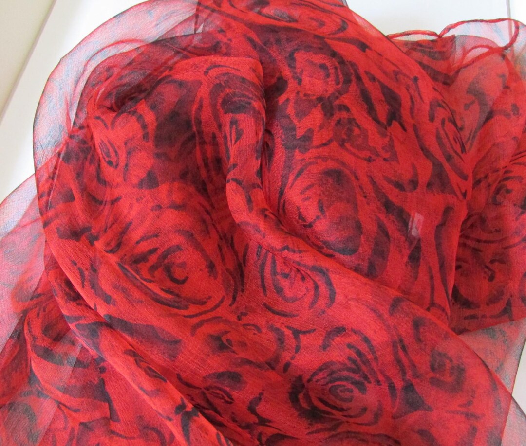 Raw Silk Red Roses Silk Scarf, Thin Sheer Floral Shawl, Rose Motif 100% ...