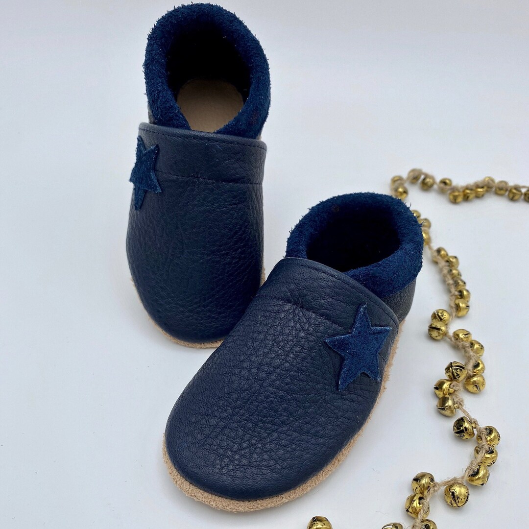 Children's Leather Slippers in Plain Blue With Star, Crawling Shoes for ...