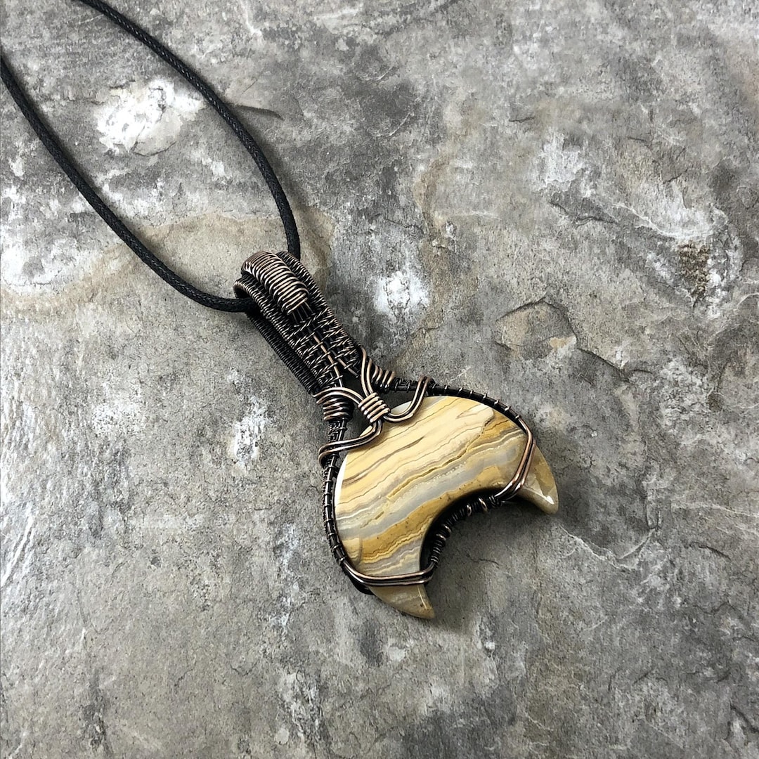 Handmade Crescent Moon Shaped Lace Agate Pendant: Copper Wire Wrapped ...
