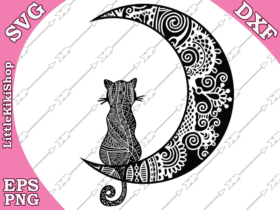 Cat and the Moon Svg: mandala CAT Svg Moon and Cat - Etsy