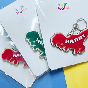 Personalised Dinosaur Kids Keyring Book Bag Key Ring Name Back to ...
