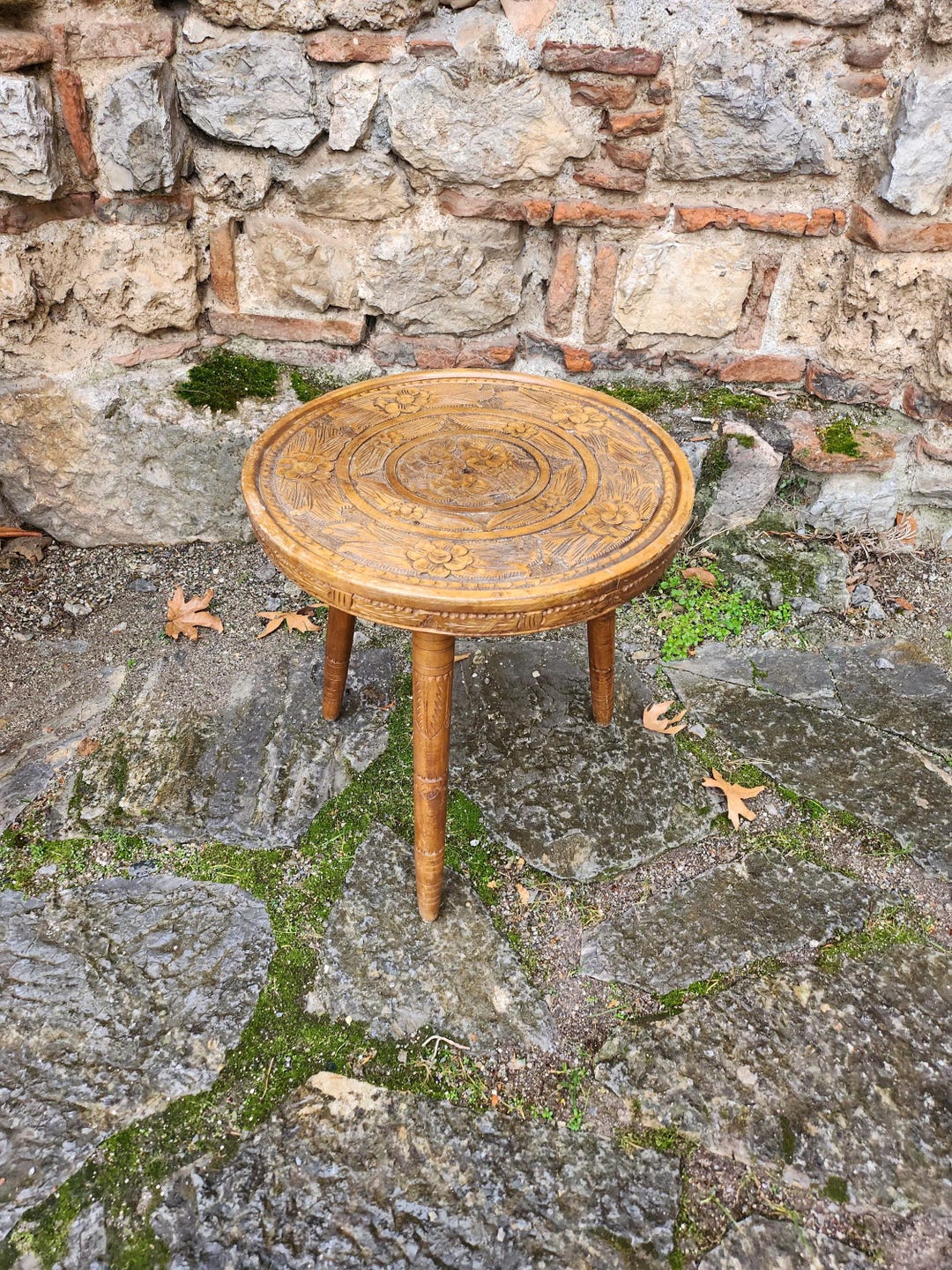 Antique Wooden Round Table, Intarsia Style Table, Hand Carved Wooden ...