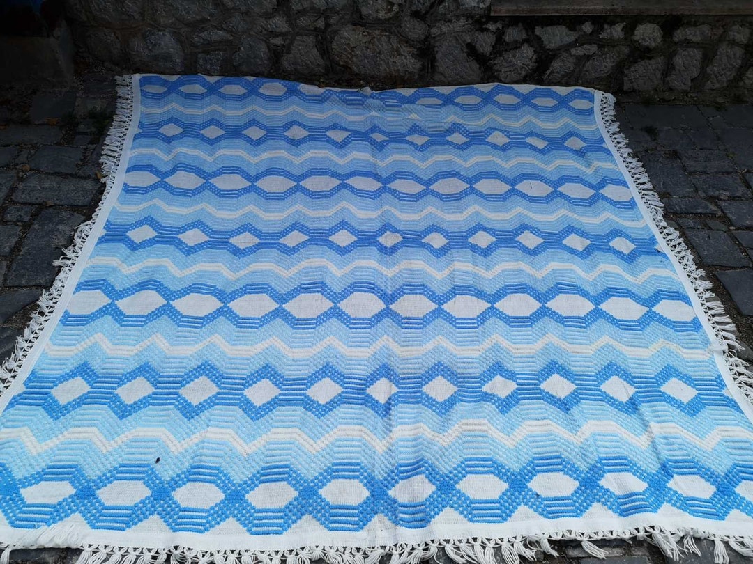 Vintage Bed Cover, Vintage Blue Acrylic Blue Bedspread, Vintage Italian ...