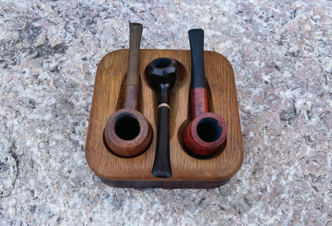 Pipe Holder and Three Pipes Set, Vintage Used Pipes Set in Wooden ...