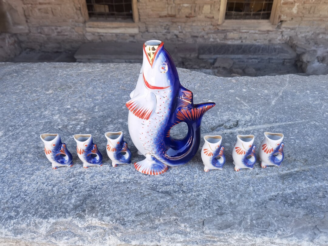 Fish Decanter and 6 Shot Glasses, Vintage Ukraine Porcelain Fish Carafe ...